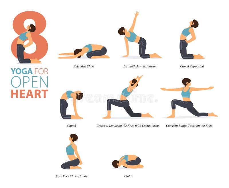 8 Yoga Poses or Asana Posture for Workout in Open Heart Concept. Women ...