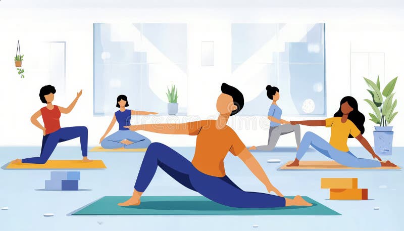 Yoga Practitioners Engage in Mindful Poses in a Bright Studio Setting ...