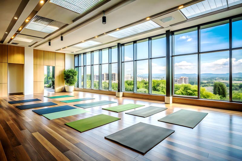 Yoga Room in a Modern Building with Large Windows Overlooking the City ...