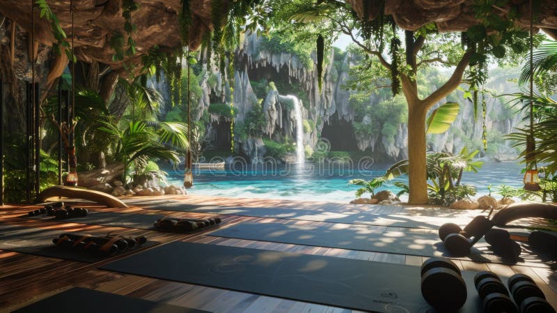 Yoga Room with Waterfall Background Stock Image - Image of balance ...