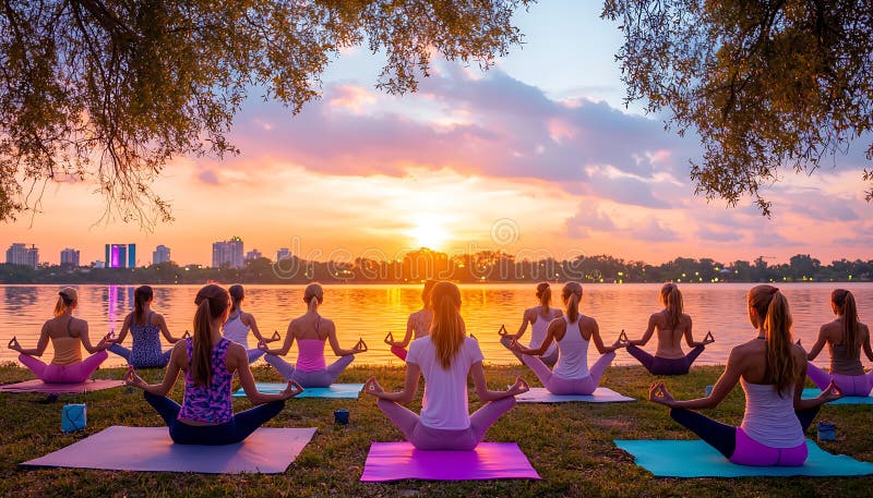 Yoga Session Lakeside Sunset Stock Image - Image of fitness, scenic ...