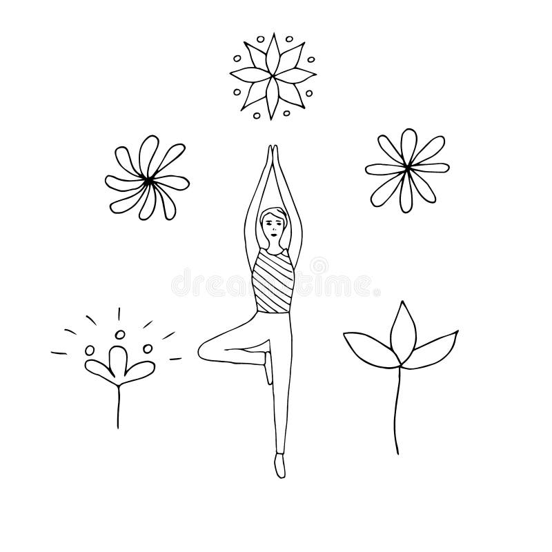 Yoga Set, Vector Doodle Illustration, Woman in the Tree Pose and ...