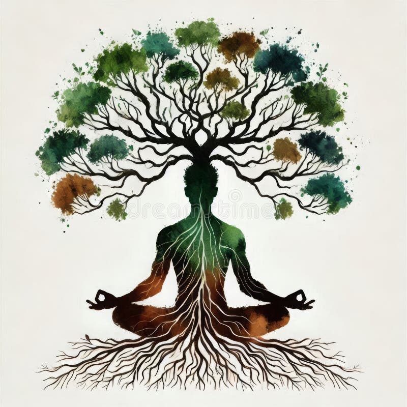 Yoga Silhouette with Nature Roots Stock Illustration - Illustration of ...