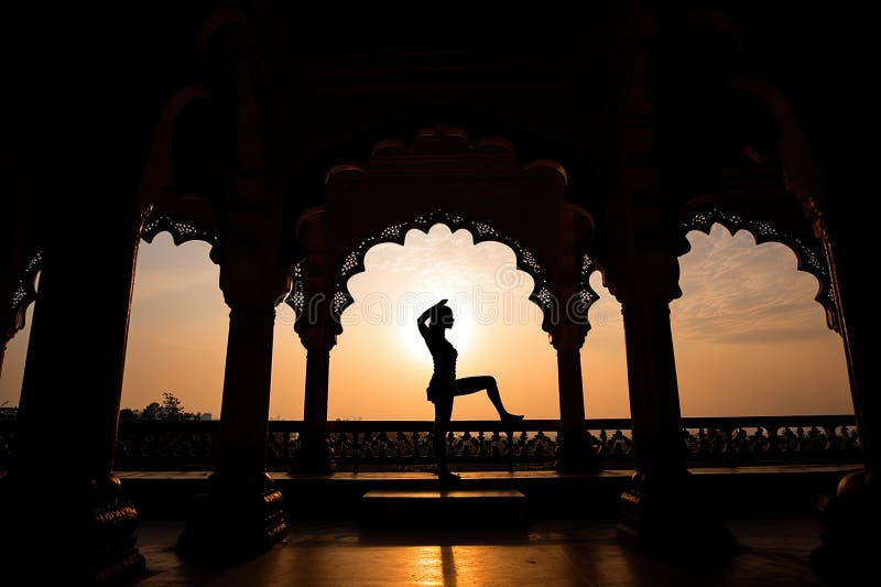 Yoga Silhouette in Temple Yoga Pose Meditates at Sunset with Temple ...