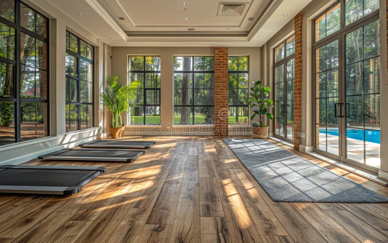 The Yoga Studio Features Large Windows and Pool Stock Image - Image of ...