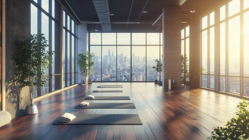 Yoga Studio with Mirrors and Gentle Lighting Stock Photo - Image of ...