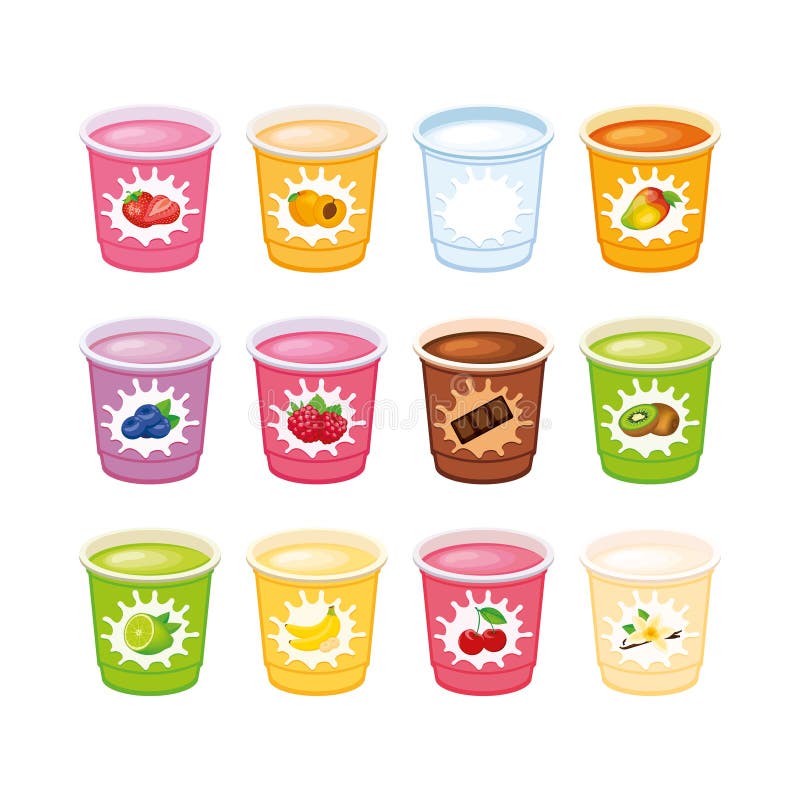 Set of Different Types of Yogurt in Plastic Cups Vector Illustration ...