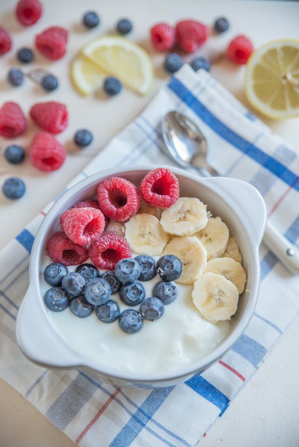 Yogurt with fresh fruit stock photo. Image of green, cream - 83391366