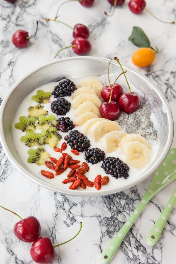 Yogurt with fresh fruits stock image. Image of pudding - 73582483