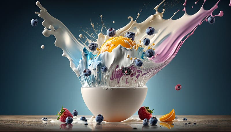 Yogurt with Fruits and Nuts, Splashes of Water, Light Blue Stock ...