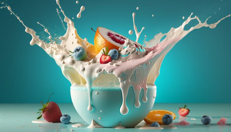 Yogurt with Fruits and Nuts, Splashes of Water, Light Blue Stock ...