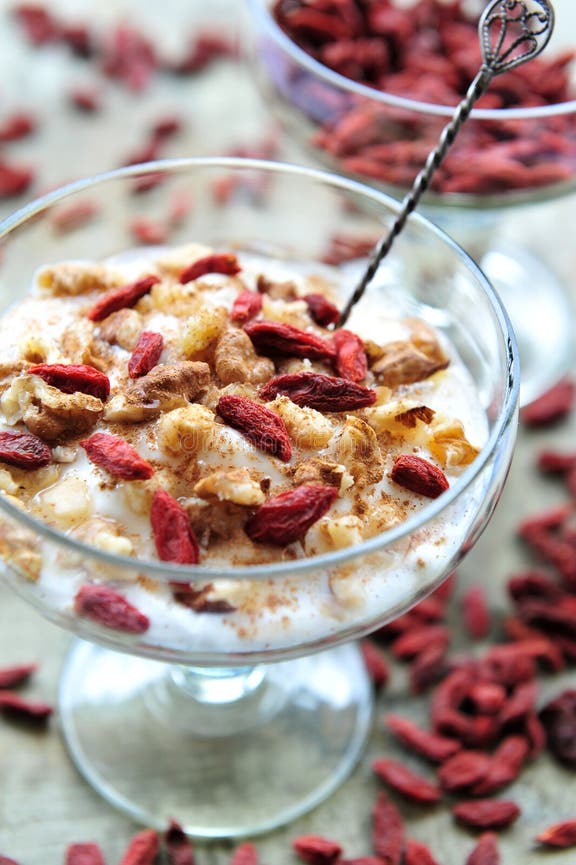Yogurt with Goji and Walnuts Stock Image - Image of berries, eating ...