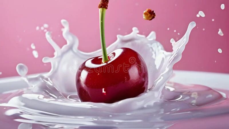 Yogurt splash with cherry. stock footage. Video of splashing - 333322096