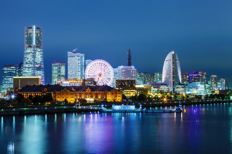 Yokohama skyline at night stock image. Image of business - 33737349