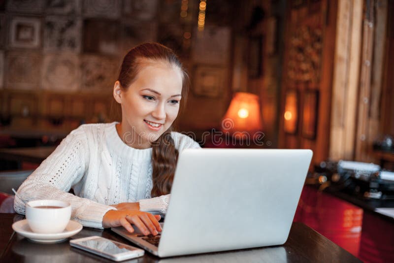 Yong Woman a Work at Laptop in Cafe Stock Photo - Image of people ...