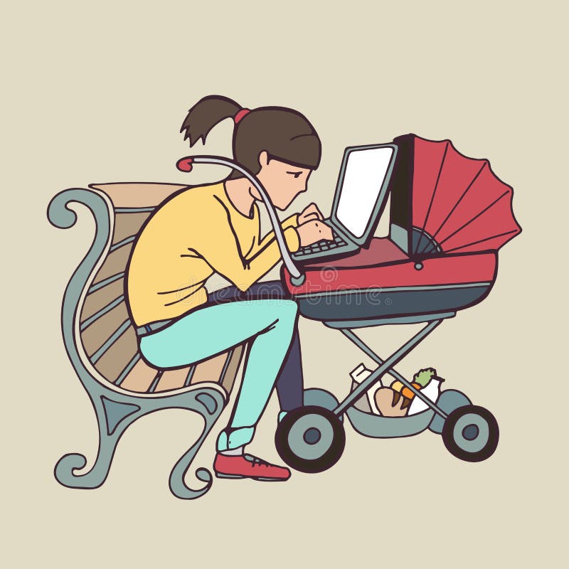 Yong Working Mother Using Laptop at Stroller Stock Vector ...