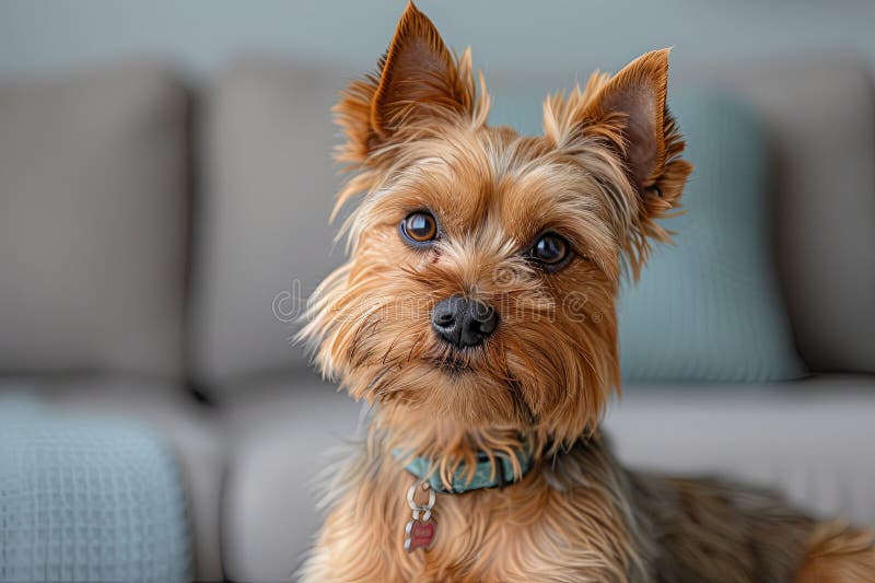 York Terrier Dog with a Blue Collar is Sitting on a Couch Stock ...