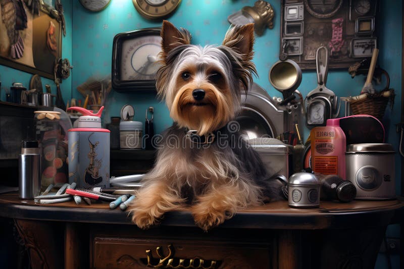 A Yorkie Sits on Top of the Work Bench Surrounded by a Collection of ...