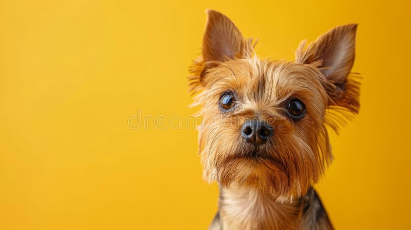 Yorkshire Terrier Dog is Posing on a Vibrant Yellow Background Stock ...