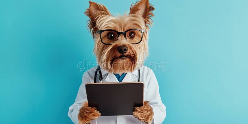 Yorkshire Terrier Dressed Doctor Holding Tablet Blue Background Stock ...