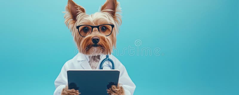 Yorkshire Terrier Dressed As a Doctor Holding a Tablet with a ...