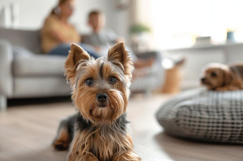 Yorkshire Terrier with a Family in a Living Room, daily Light Stock ...
