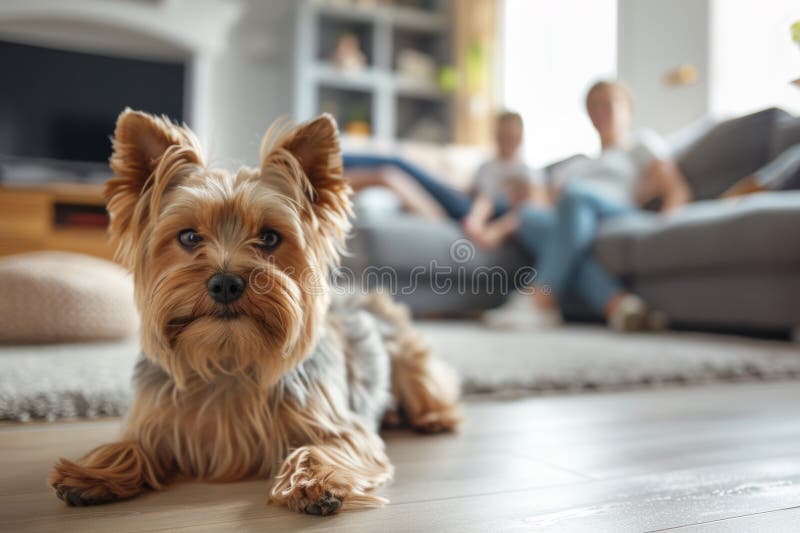Yorkshire Terrier with a Family in a Living Room, daily Light Stock ...