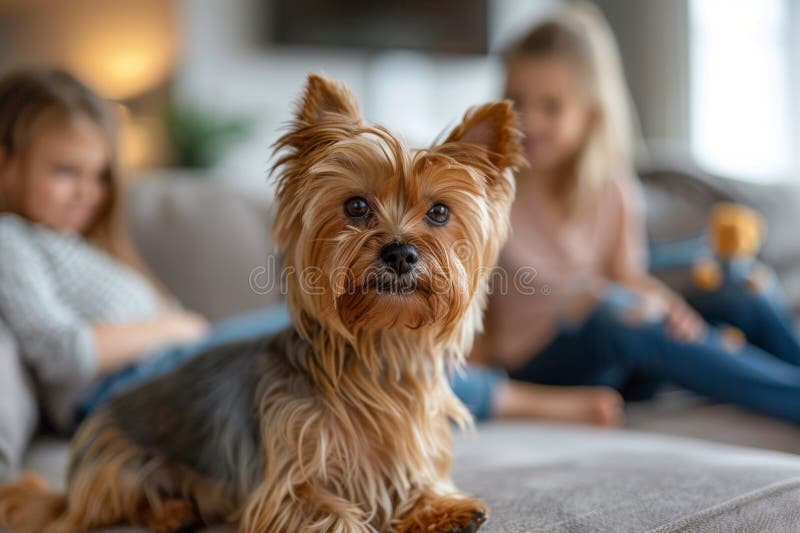 Yorkshire Terrier with a Family in a Living Room, daily Light Stock ...