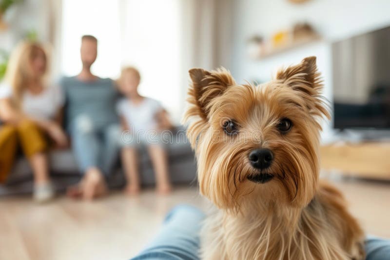 Yorkshire Terrier with a Family in a Living Room, daily Light Stock ...