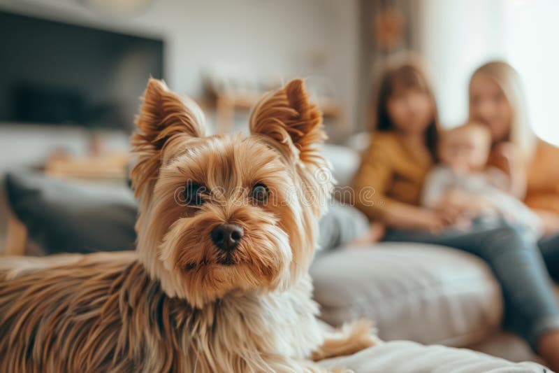 Yorkshire Terrier with a Family in a Living Room, daily Light Stock ...