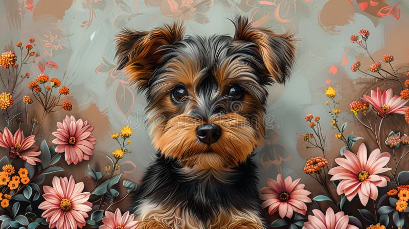 Yorkshire Terrier with Flowers Illustration Stock Photo - Image of ...