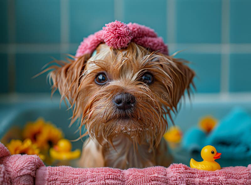 Yorkshire Terrier Taking Bubble Bath with Towel on Her Head Stock Photo ...