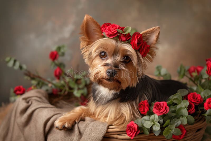 Yorkshire Terrier in a Wicker Basket with Red Roses Stock Illustration ...