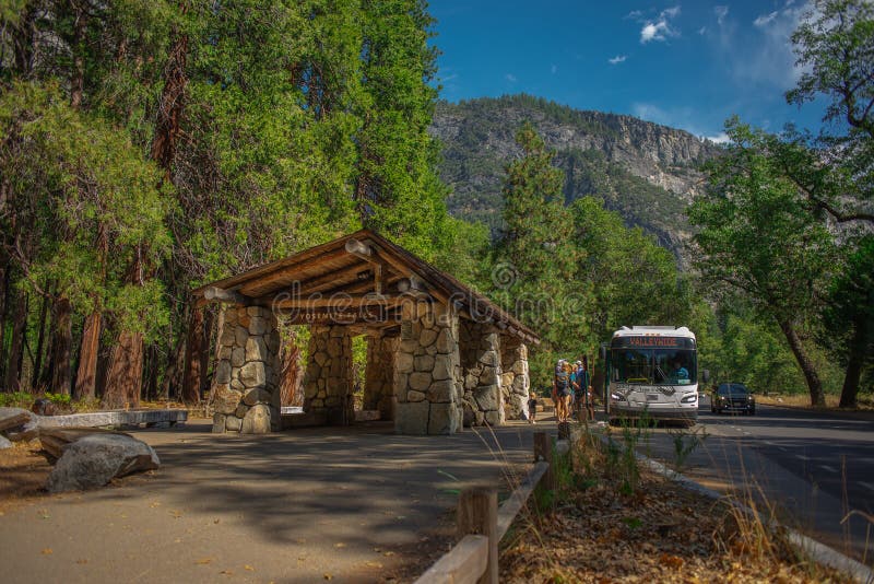 Yosemite California Rock Bus Stop in Yosemite Valley with the Shuttle ...