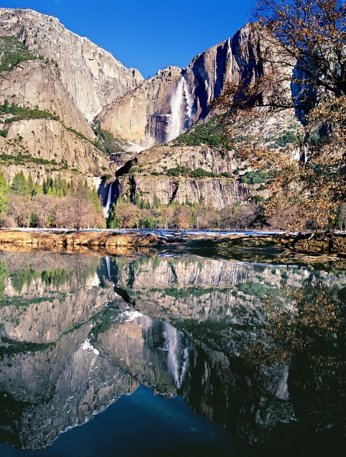 Yosemite Falls and Reflection in Merced River Stock Photo - Image of ...