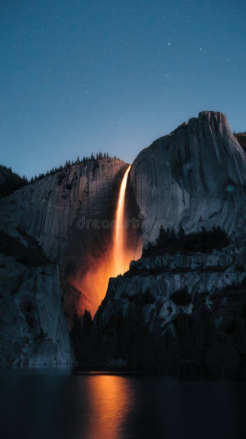 Yosemite Falls at Twilight with Illuminated Cascade and Starry Sky, Two Figures Present Stock ...