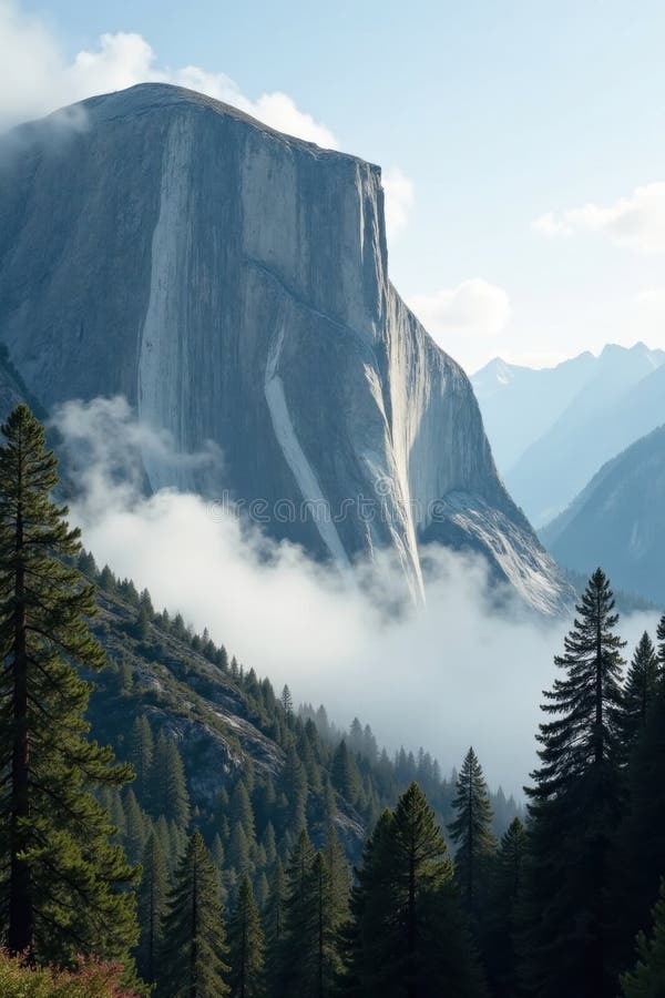 Yosemite S Granite Cliffs Partially Hidden by Swirling Fog , Dramatic ...