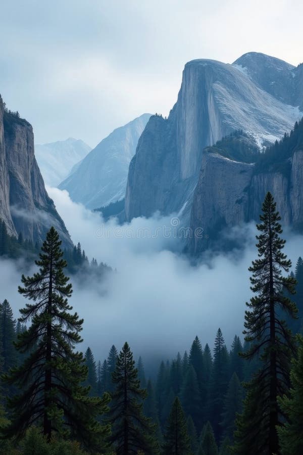 Yosemite S Granite Cliffs Partially Hidden by Swirling Fog , Shadow ...