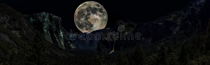 Yosemite Valley by Night with Full Moon Stock Image - Image of rock ...