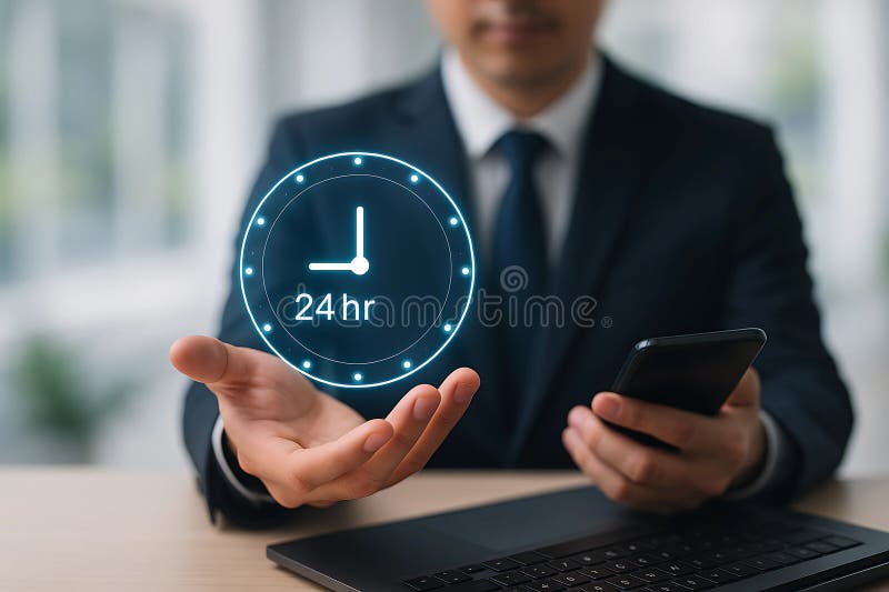 24-Hour Customer Support Concept: Businessman Holding Smartphone with ...
