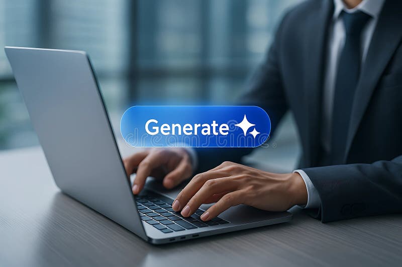 Tech Expert Using Laptop with Digital Generate Button — Symbol of ...