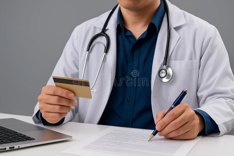 Doctor Processing Medical Documents with Credit Card Payment in Modern ...