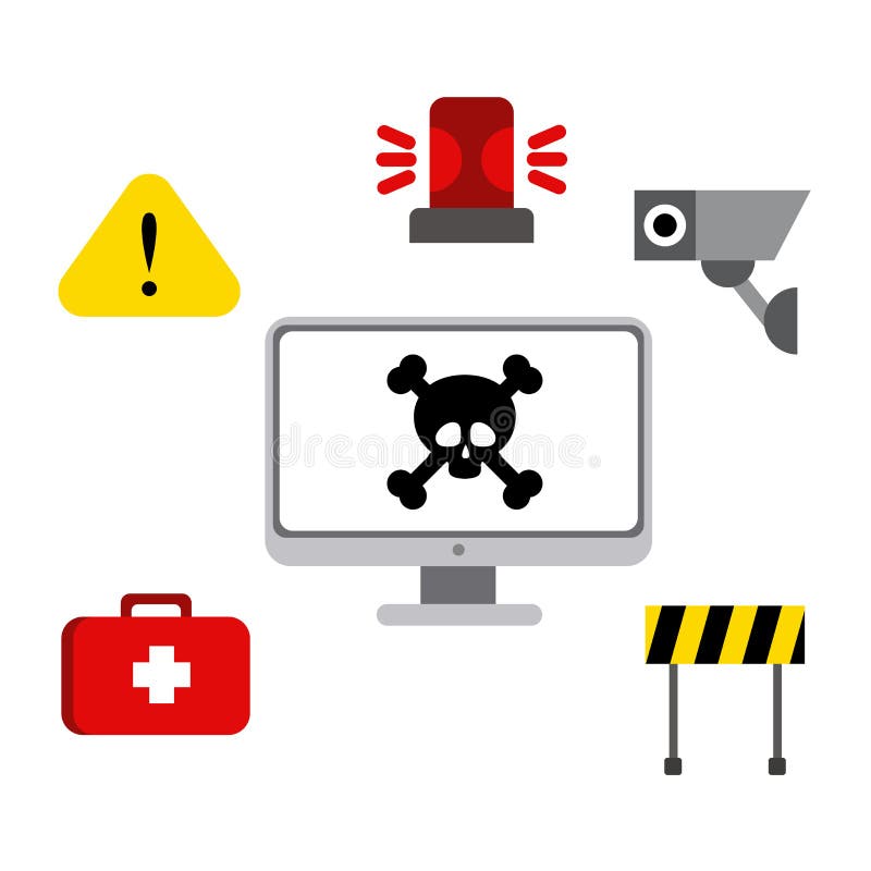 Flat Vector Illustration of a Computer Surrounded by Antivirus Warning ...