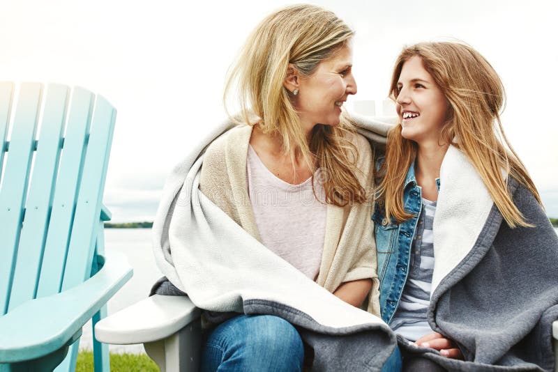 Are You Cozy Enough. a Mother and Her Daughter Bonding Outdoors. Stock ...