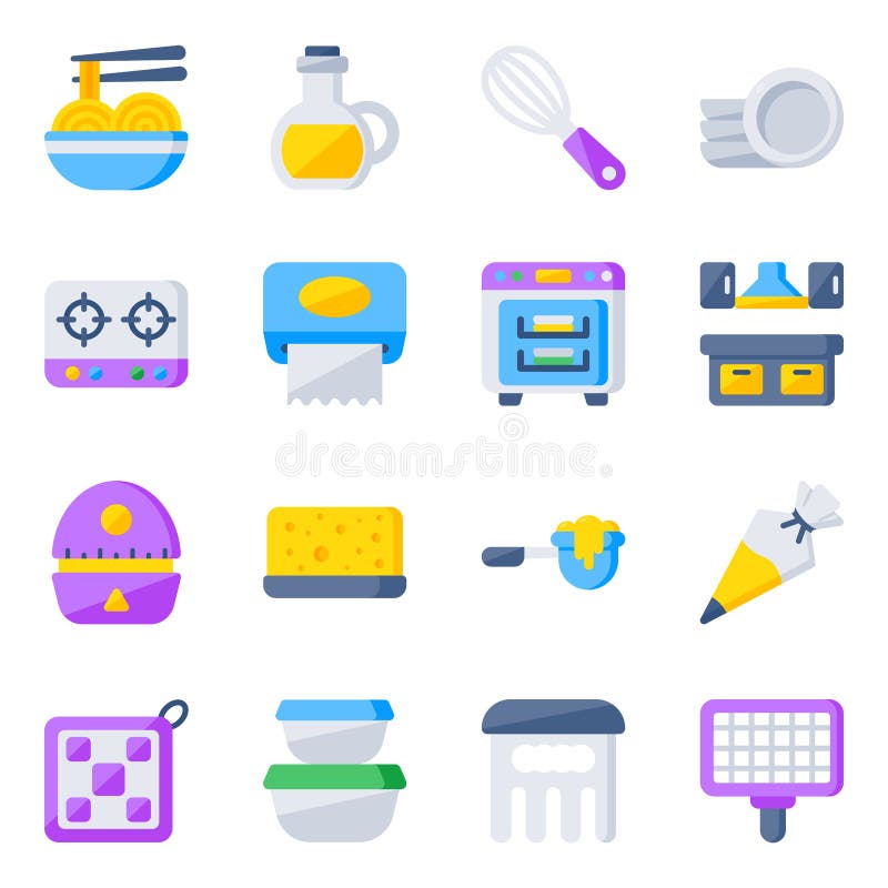 Pack of Kitchen Tools and Equipment Flat Icons Stock Vector ...