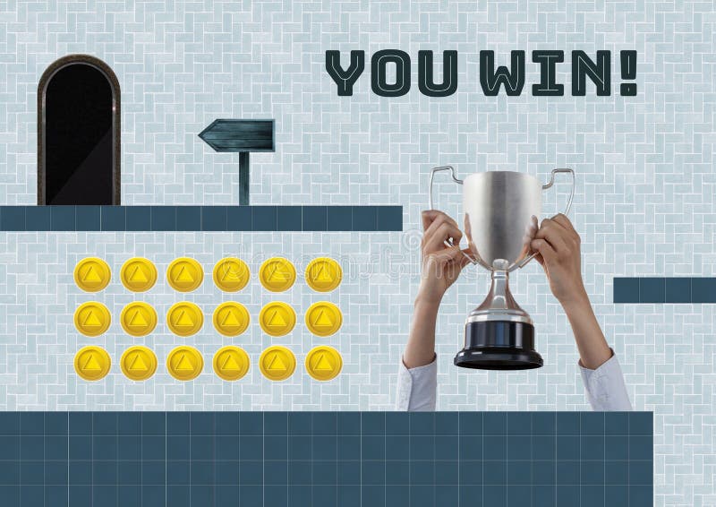You Win and Trophy in Computer Game Level with Coins Stock Illustration ...