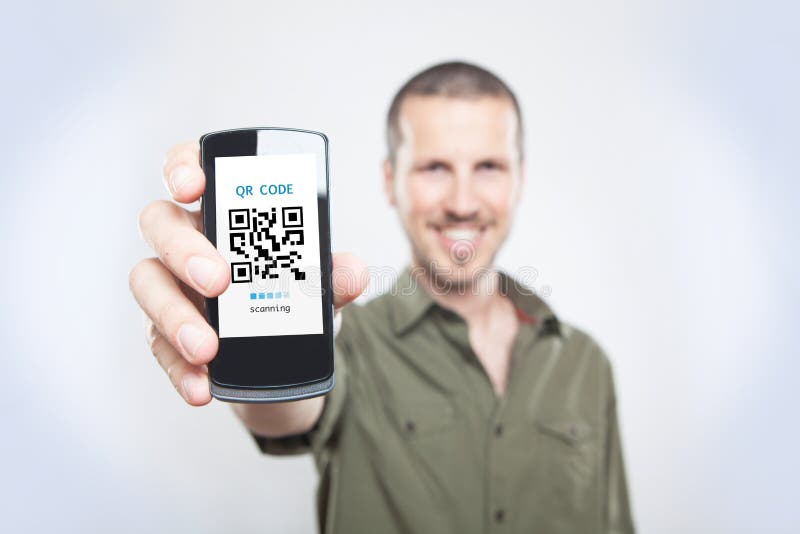Scanning QR Code stock photo. Image of portrait, reader - 61419208