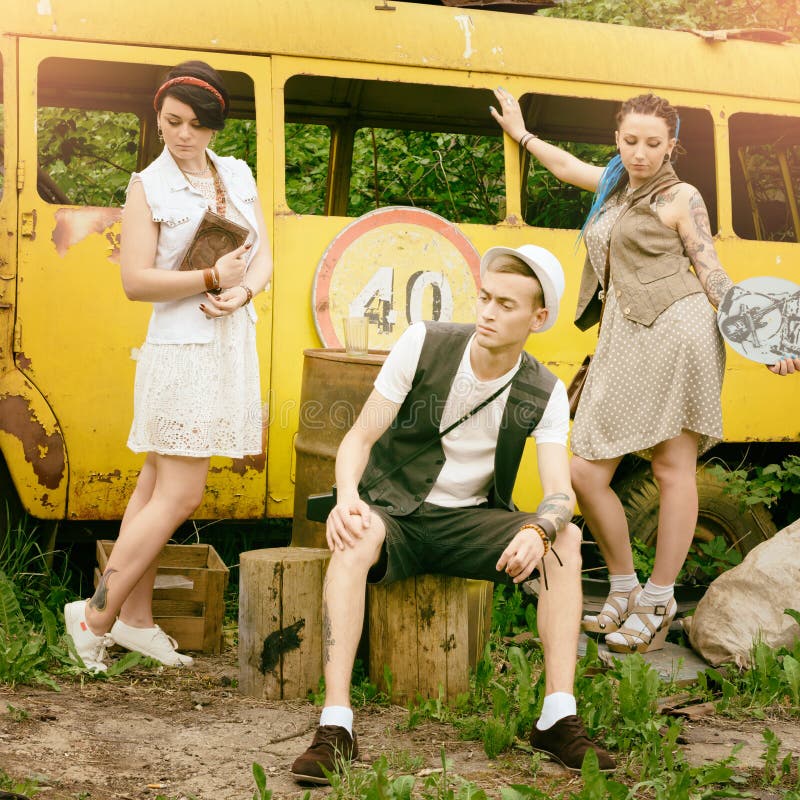 Young Active Girls and Guy Hipsters Have Fun Outdoors Summer Stock ...