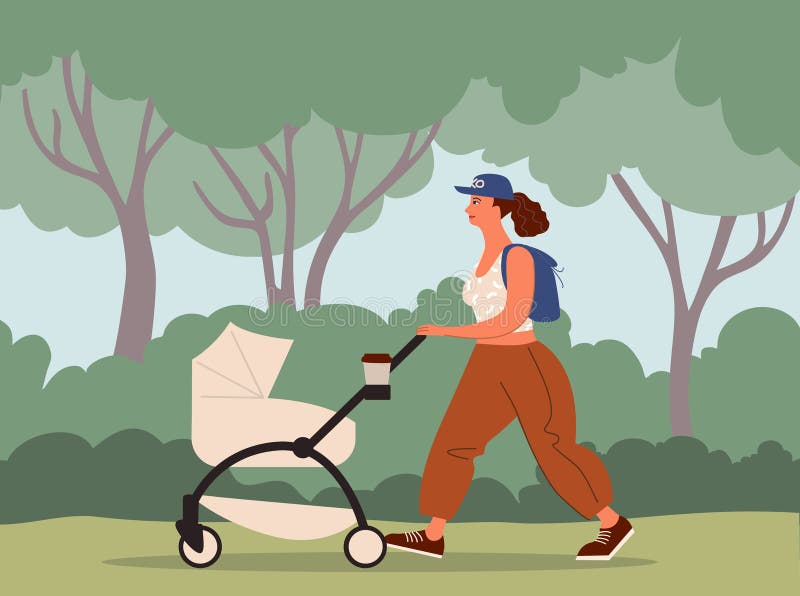 Young Active Mom Walking with Baby Stroller in Green Park Stock ...
