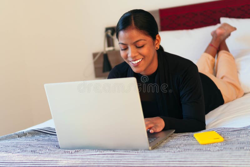 Young Active Person Who Works with Laptop in Bed Stock Photo - Image of ...
